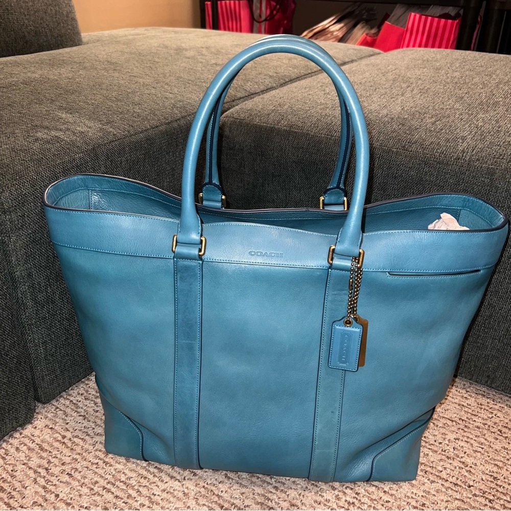 Coach Bleeker Teal Blue Leather Large Weekender Tote … - Gem